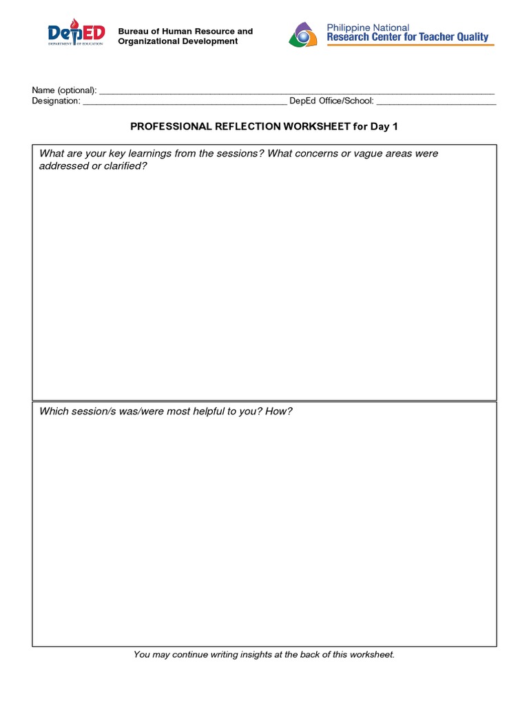 Day 1 Professional Reflection Worksheet RPMS PPST Capacity Building | PDF