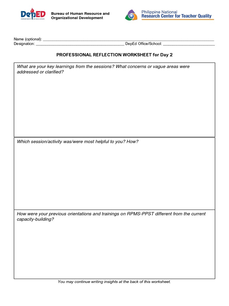 Day 2 Professional Reflection Worksheet RPMS PPST Capacity Building | PDF