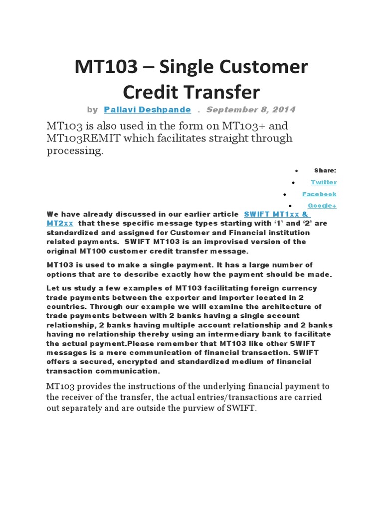 MT103 | PDF | Payments | Financial Transaction