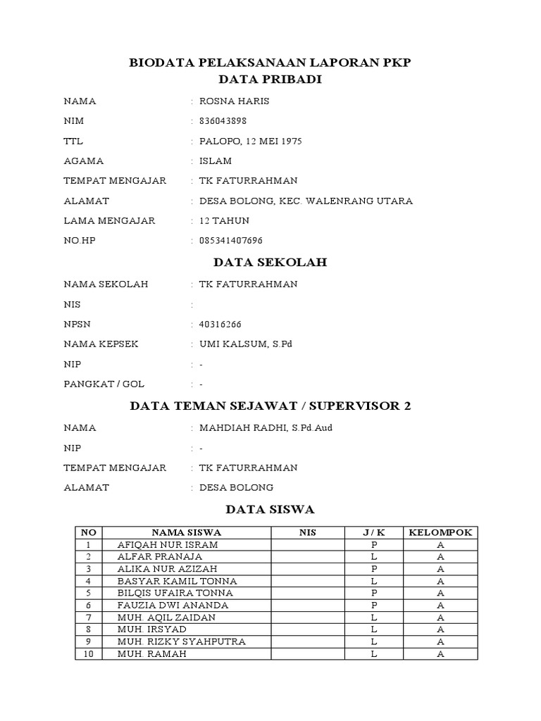 Biodata Pelaksanaan Laporan PKP | PDF