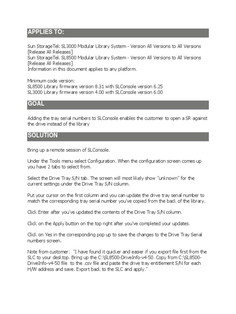 SL3000/SL8500 Tray Serial Number Setup | PDF