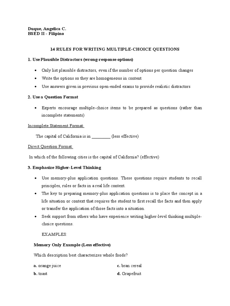 14 Rules For Writing Multiple | PDF | Multiple Choice | Question