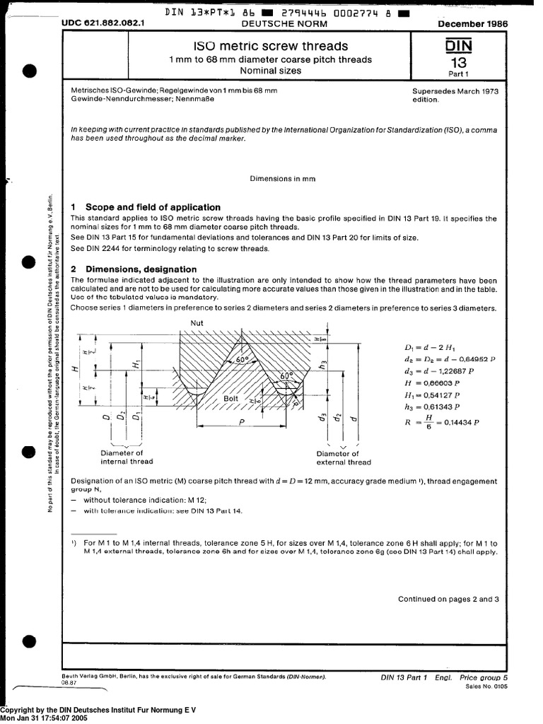 DIN 13-1-1986, ISO Metric Screw Threads | PDF