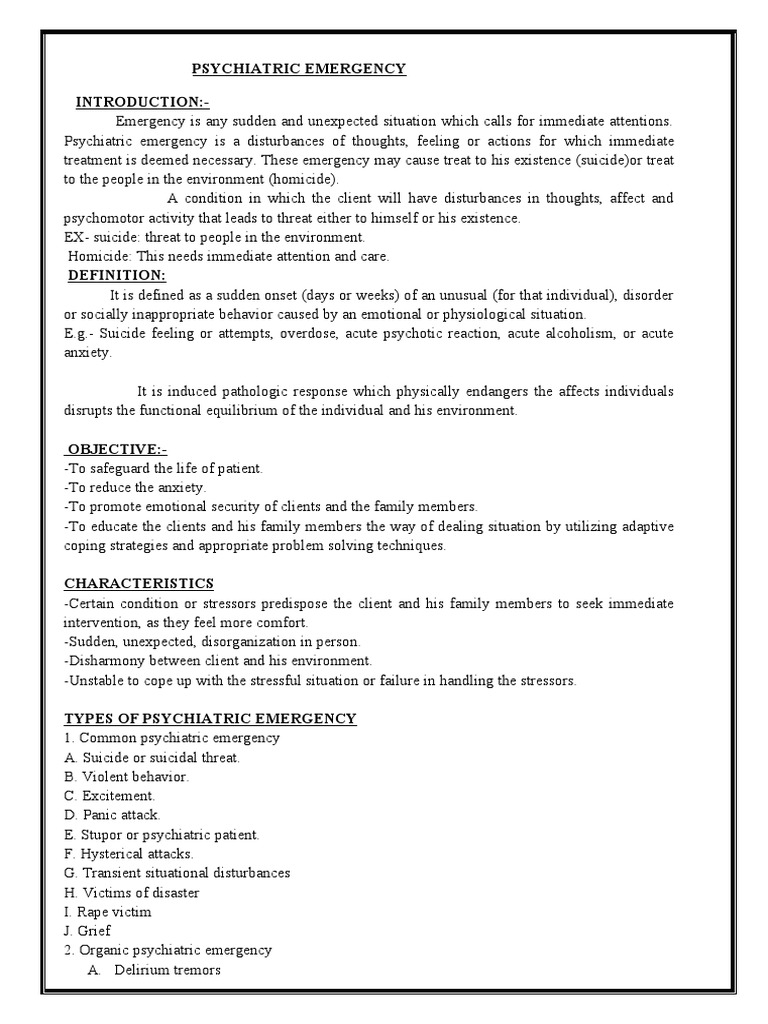 Types and Management of Psychiatric Emergencies | PDF | Grief | Suicide
