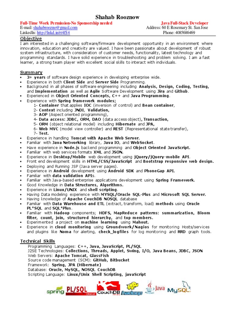 Full Stack Java Developer Resume Pdf Spring Framework Java 1368
