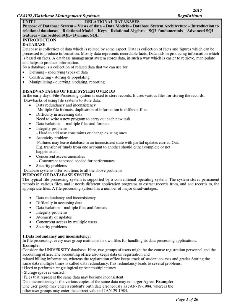 CS8492 DBMS Unit 1 | PDF | Relational Database | Databases CS8492 DBMS Unit 1 | PDF | Relational Database | Databases