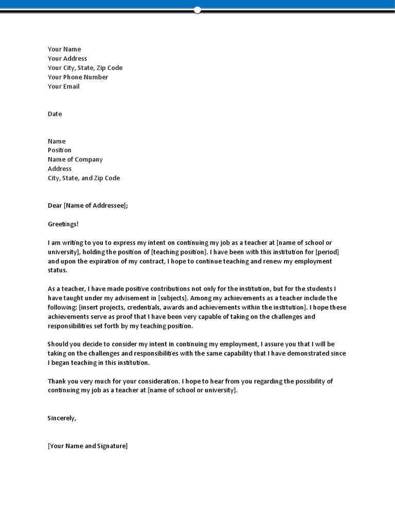 Sample Letter of Intent To Continue Teaching | PDF