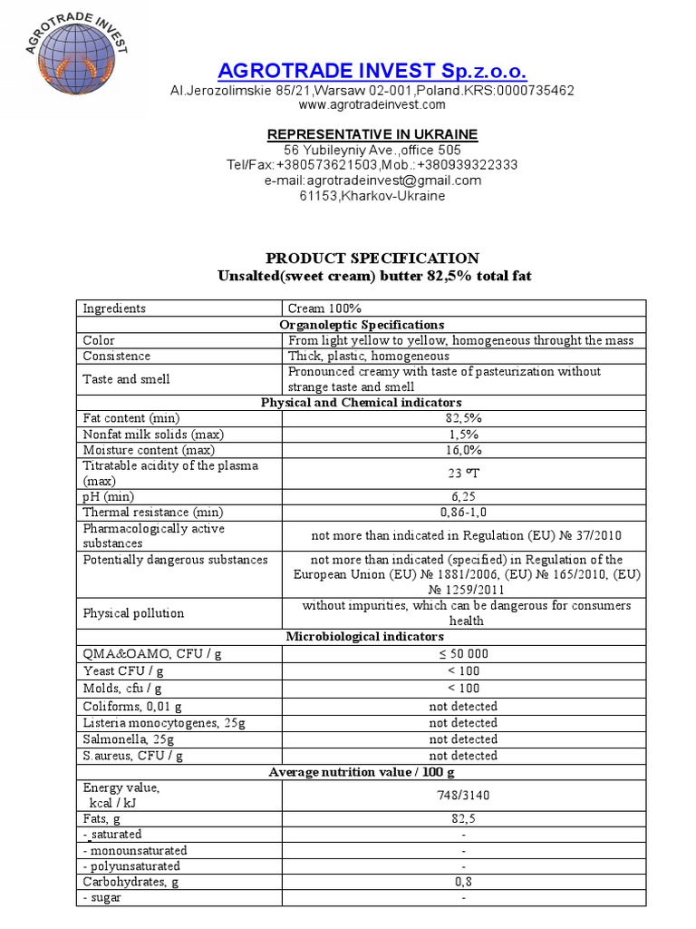 Unsalted Butter 82.5% Fat Specification | PDF | Fat | Butter