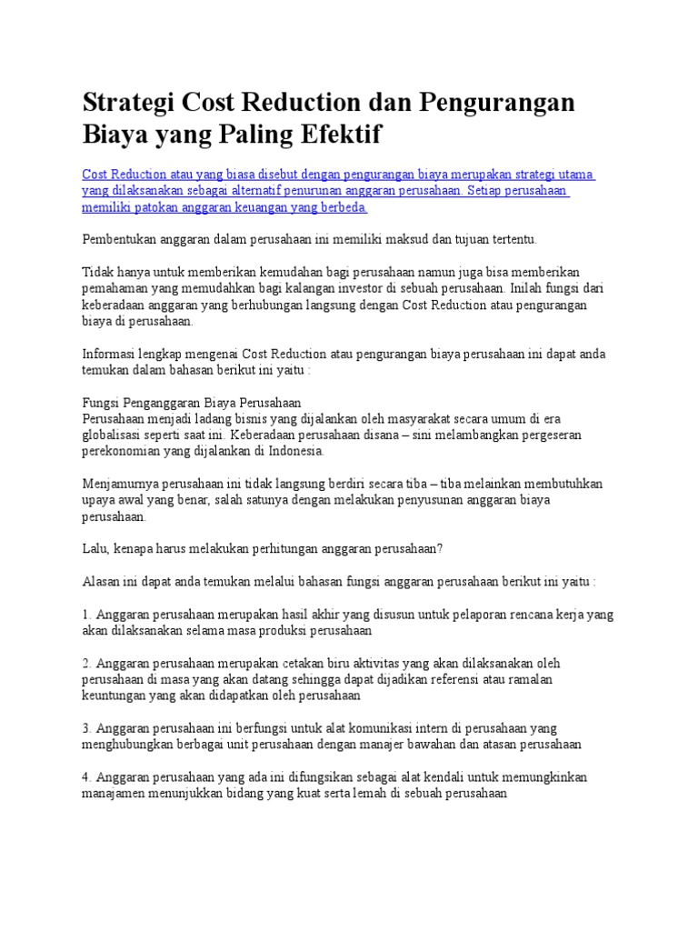 Strategi Cost Reduction Dan Pengurangan Biaya Yang Paling Efektif | PDF