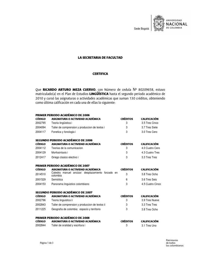 Certificado de Notas Universidad Nacional de Colombia | PDF | Los ...