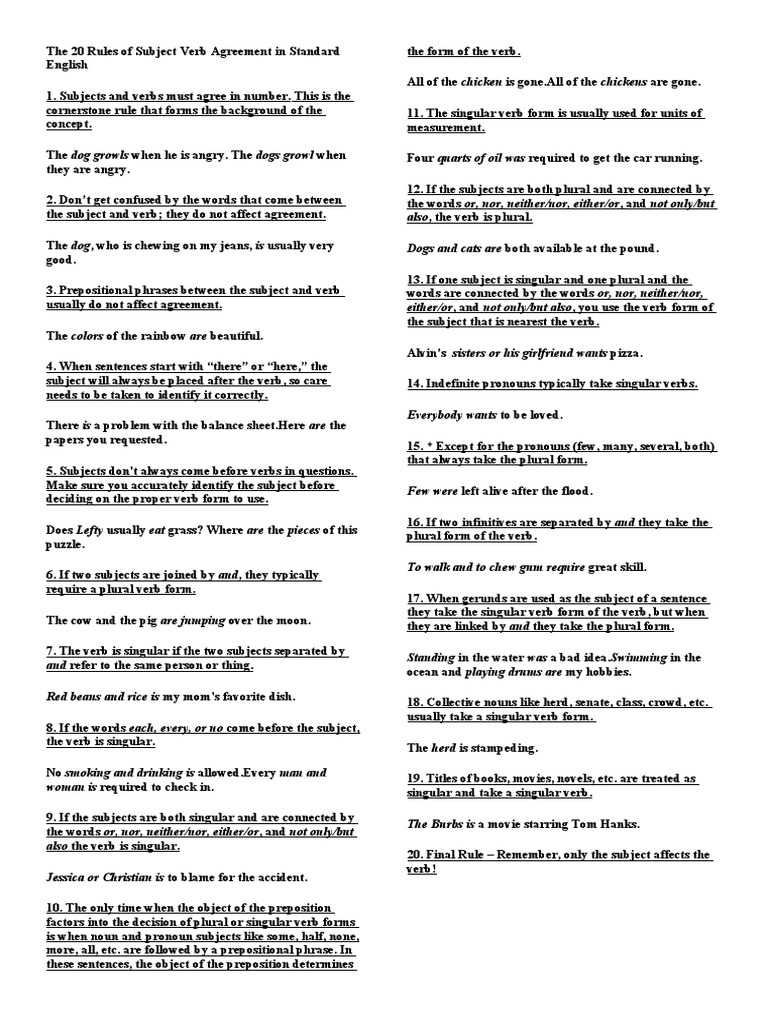 The 20 Rules of Subject Verb Agreement in Standard English | PDF ...