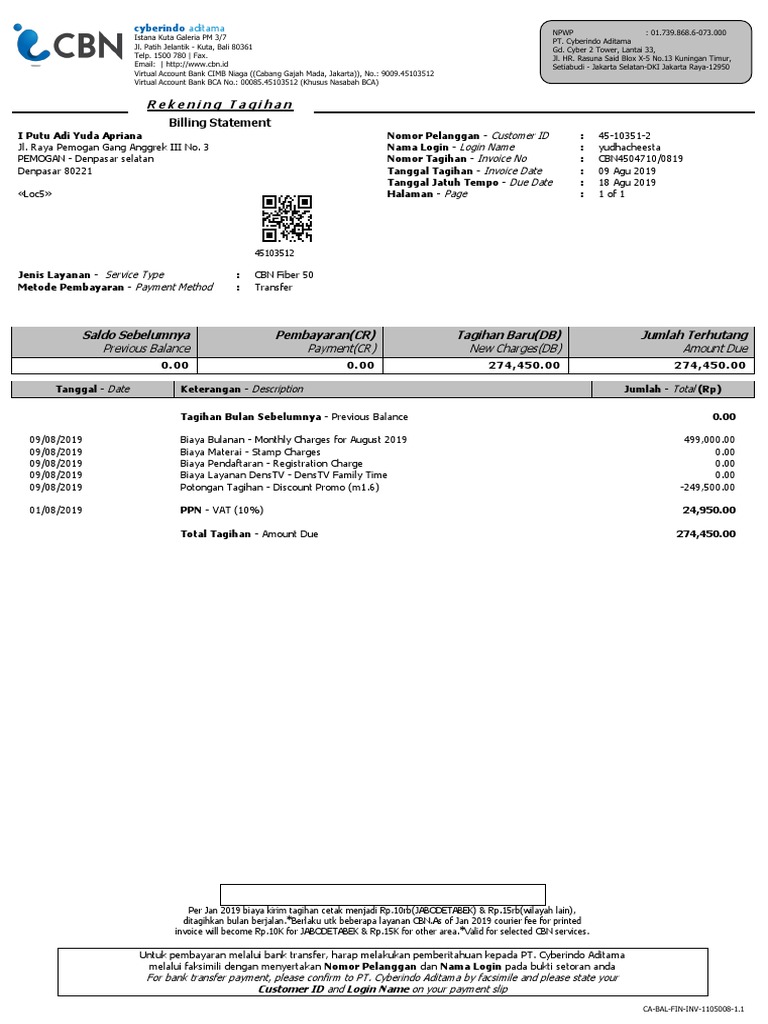 Tagihan Bulanan CBN Agustus 2019 | PDF | Money | Financial Services