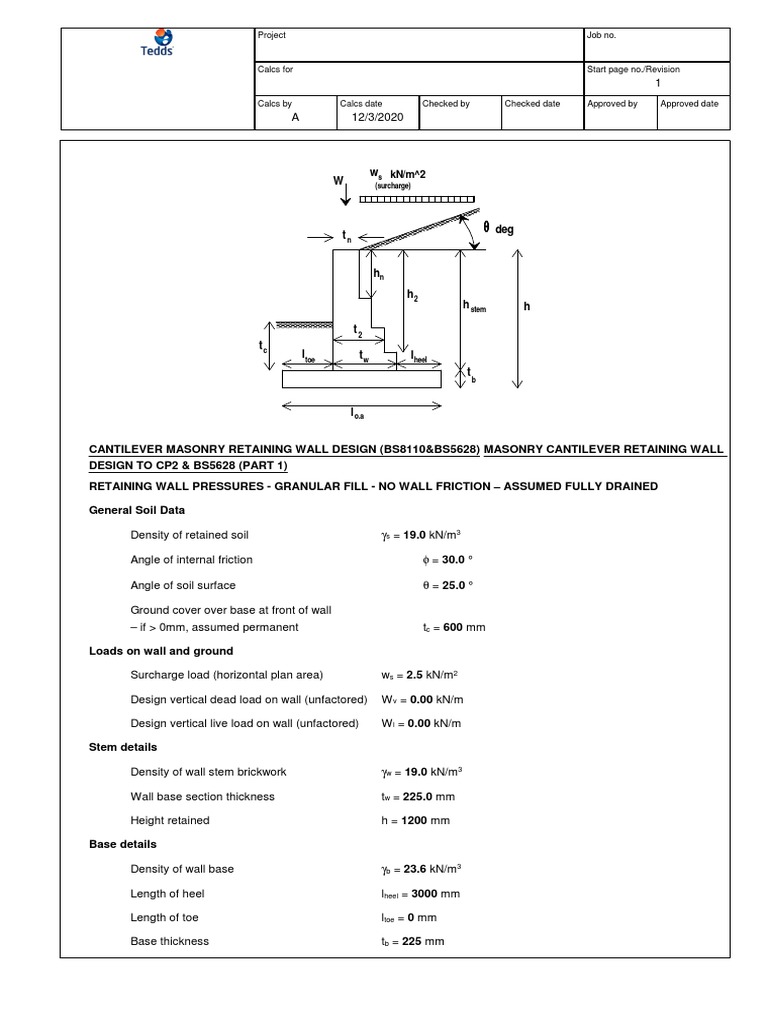 Unreinforced Masonry Retaining Wall Unpropped Design (CP2) | PDF ...