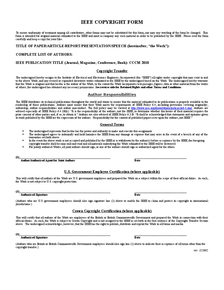 Ieee Copyright Form | Download Free PDF | Copyright | Indemnity