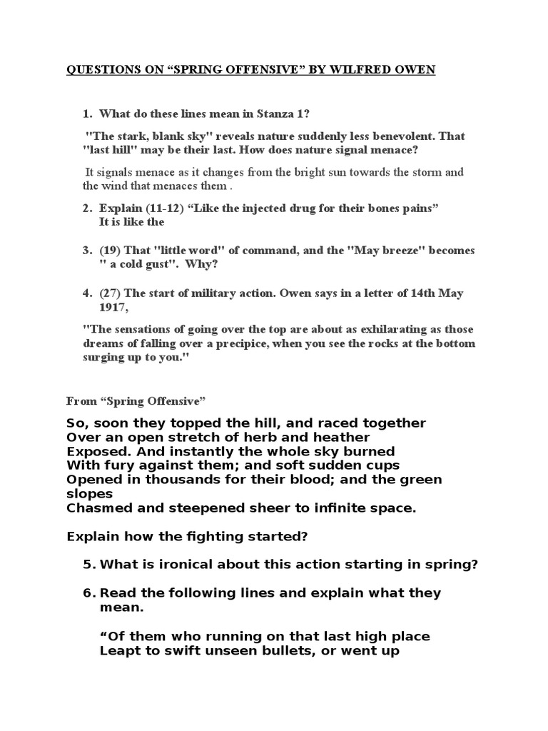 Questions On Spring Offensive Bu WIlfred Owen | PDF