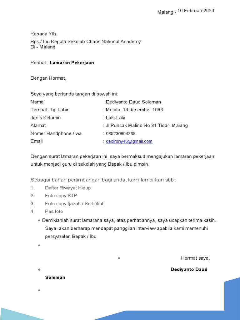 CV Dan Surat Lamaran Kerja Dediyanto Daud | PDF