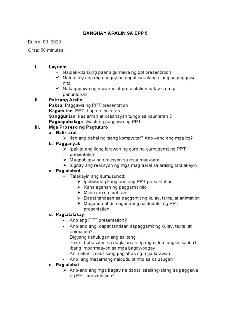 Banghay Aralin Sa Epp 5 | PDF