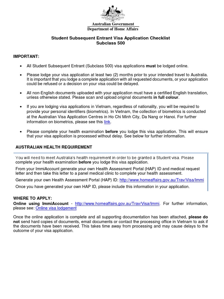 500 Subsequent Entrant Visa Application Checklist 29042019 | PDF | Travel Visa | Birth Certificate