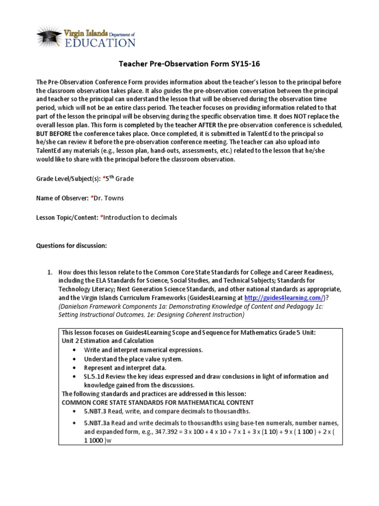 Sample Teacher Pre-Observation Form SY15-16 | PDF | Decimal | Teachers
