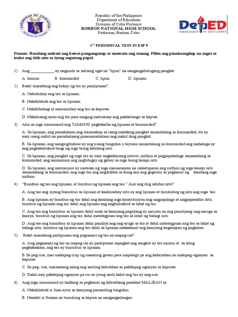 ESP 9 1st Periodical Test | PDF