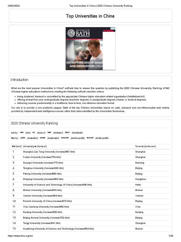 Top Universities in China - 2020 Chinese University Ranking | PDF ...