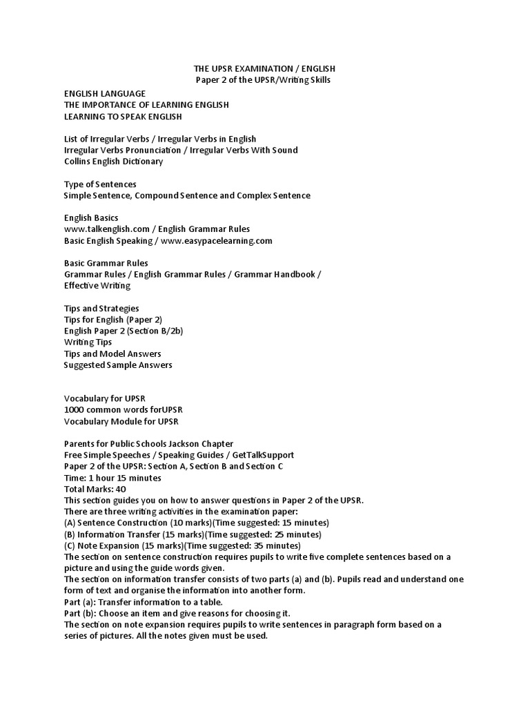 THE UPSR EXAMINATION English Note | PDF | English Language | Sentence ...