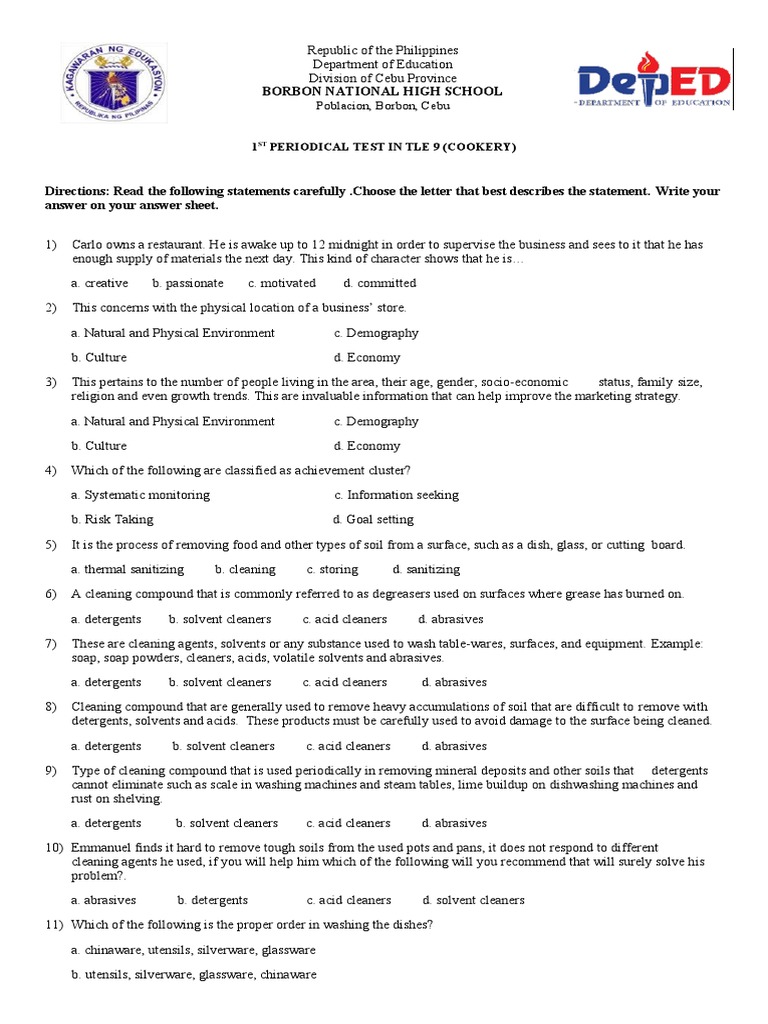 TLE 9 1st Quarter Test | PDF | Hors D'oeuvre | Kitchen Utensil