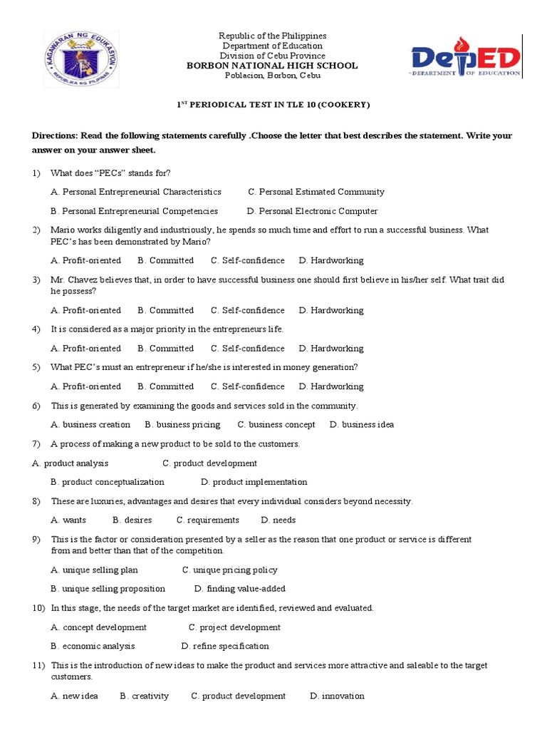 TLE 10 1st Quarter Test | PDF | Egg As Food | Egg White