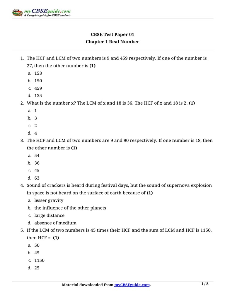 Class 10 Maths Chapter 1 Test Paper Pdf Numbers Factorization