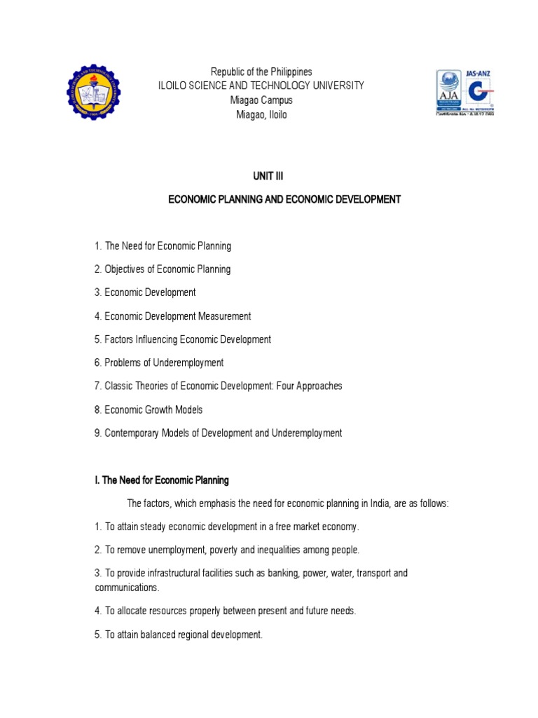 Unit Iii. Economic Development and Economic Planning | PDF | Economic ...