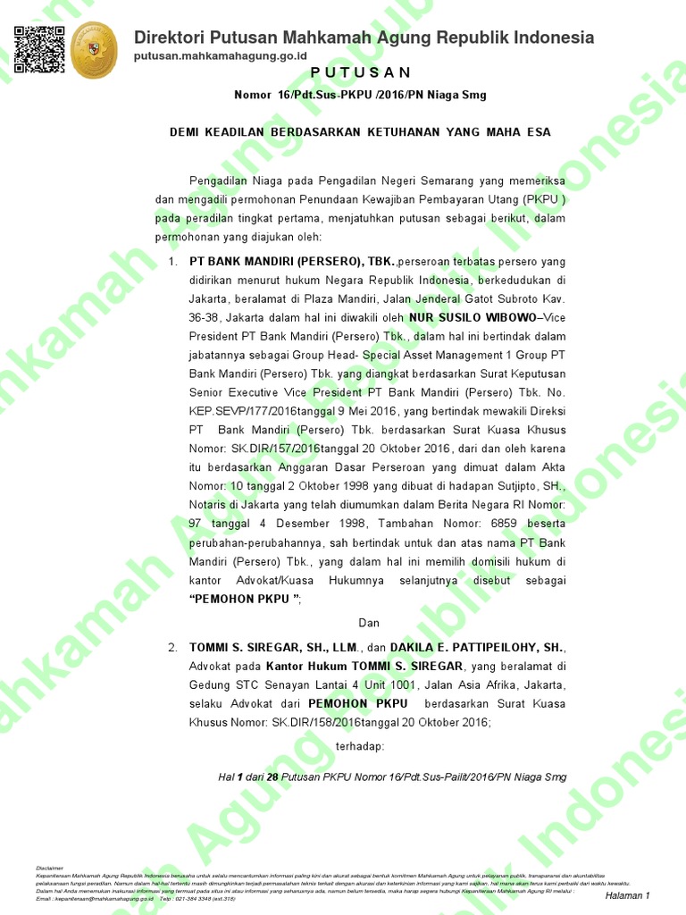 Putusan 16 PDT Sus Pkpu 2016 PN Niaga SMG 20200313 PDF | PDF