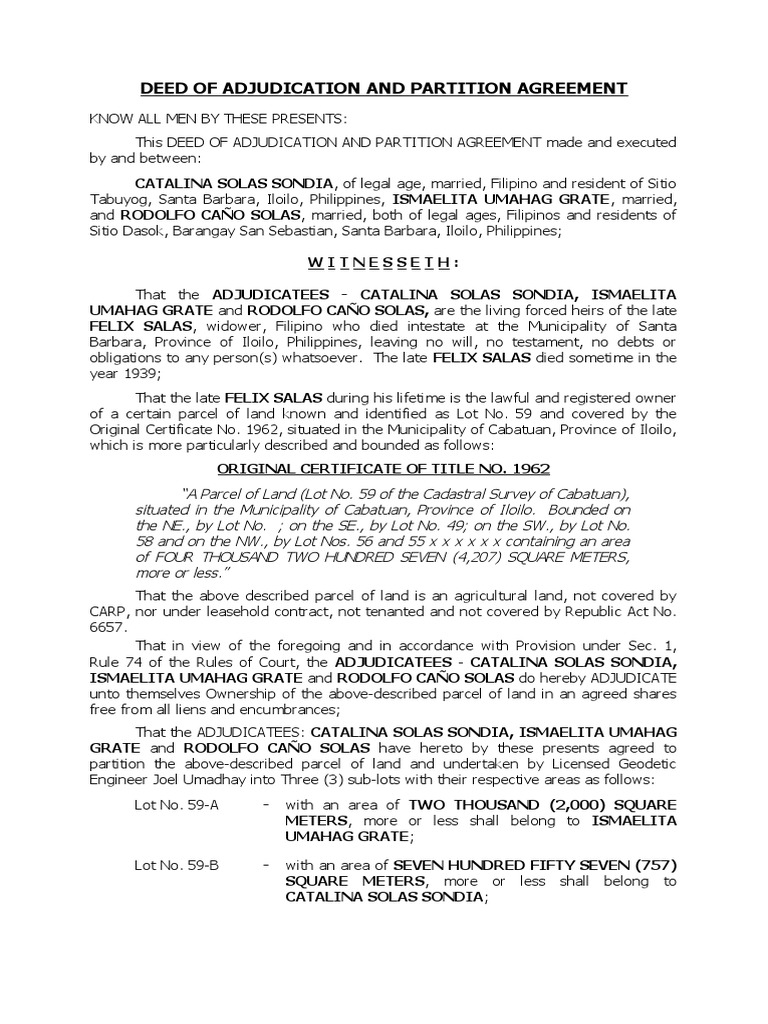 Deed of Adjudication and Partition Agreement-Grate | PDF | Government ...