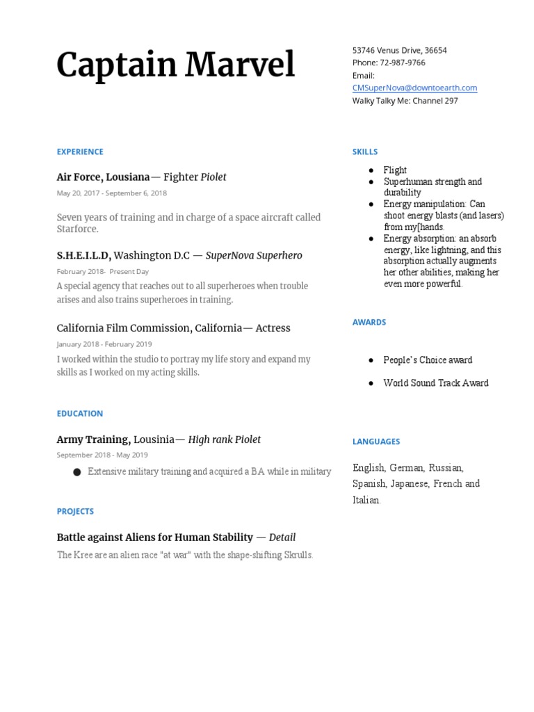 Captain Marvel Resume Complete | Nature