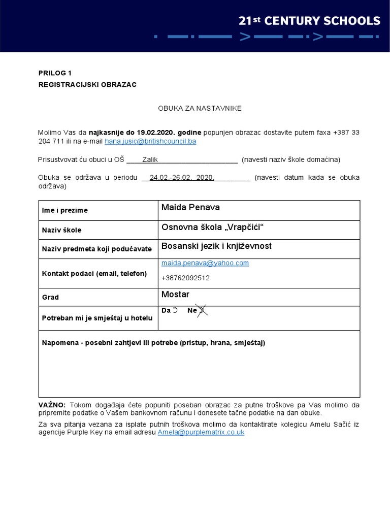 Prilog 1 - Registracijski Obrazac Bos | PDF