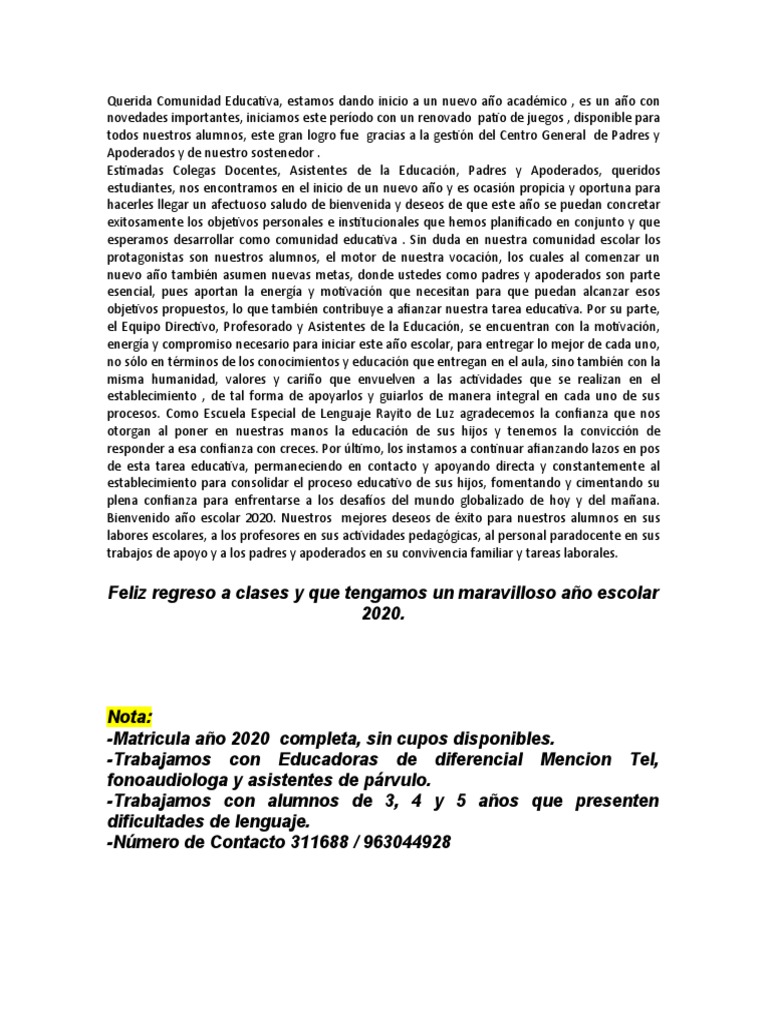 Mensaje Directora Año 2020 Pdf Modificación De Comportamiento