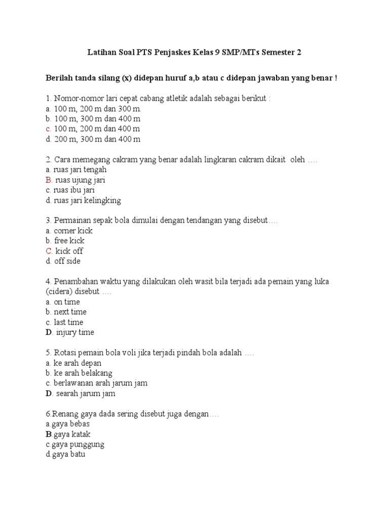 Latihan Soal PTS PJOK SM 2 Kelas 9 SMP | PDF