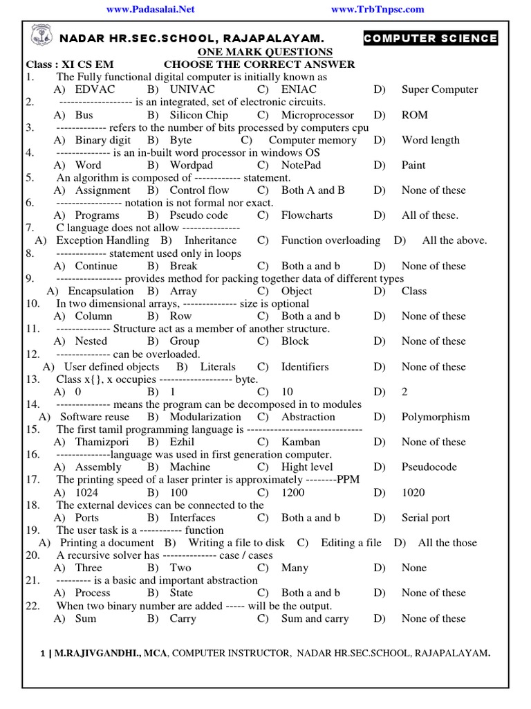 11th Computer Science One Marks Questions Paper English Medium | PDF ...
