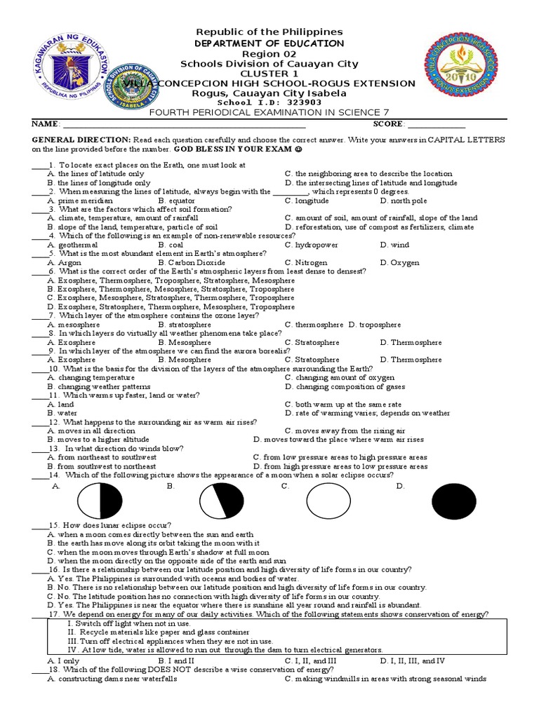 Seventh Grade Science Examination Covering Topics on Earth and Space ...