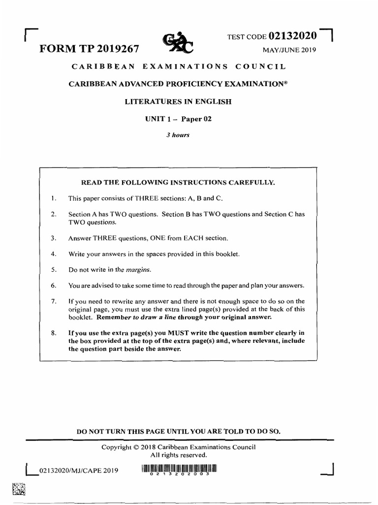 CAPE Literatures in English 2019 U1 P2 | PDF