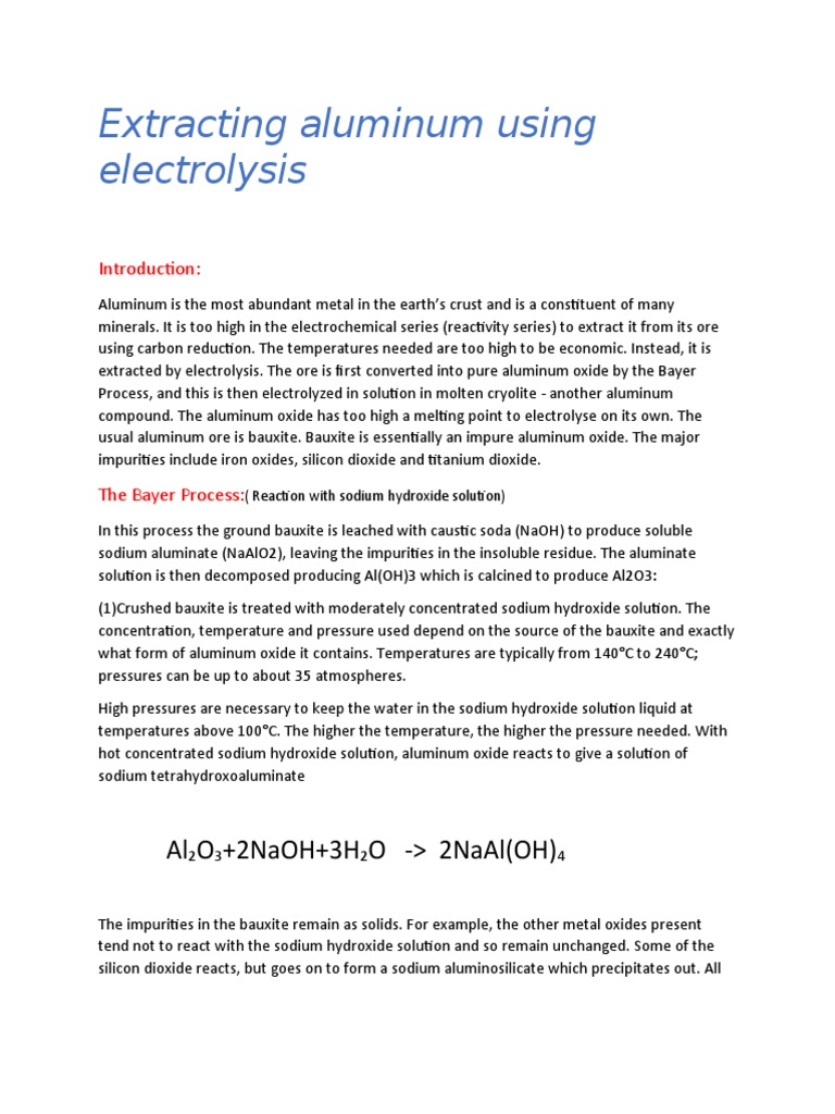 Electrolysis Process for Aluminum Extraction | PDF | Oxide | Aluminium