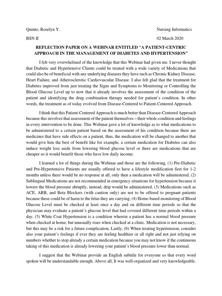 Webinar Reflection Paper | PDF | Hypertension | Diabetes