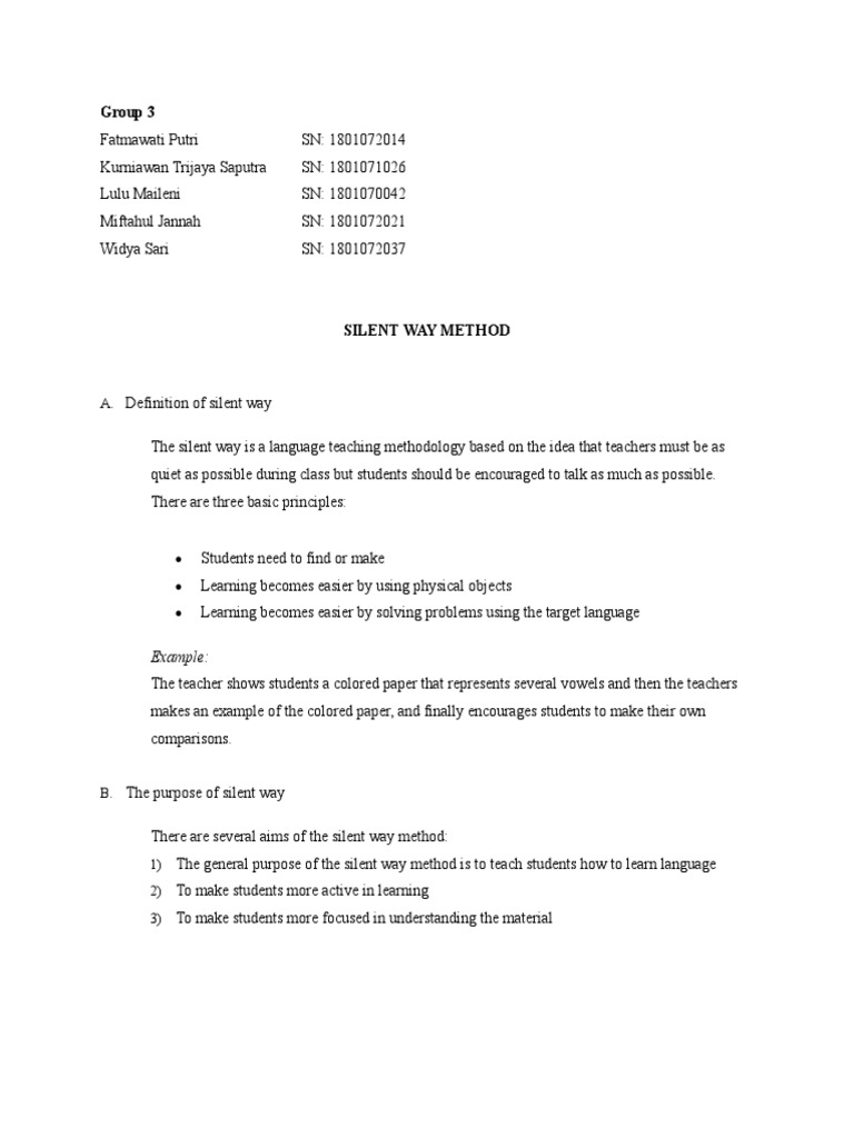 Silent Way Method Paper | PDF | Teachers | Learning