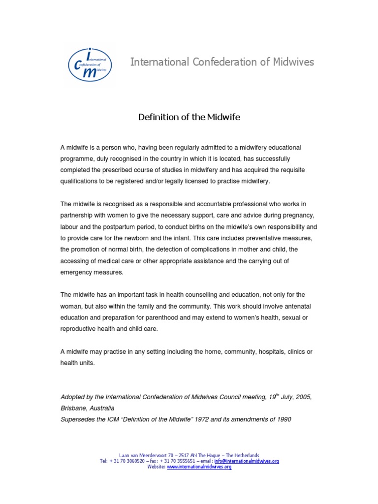 ICM Definition of The Midwife 2005 | PDF