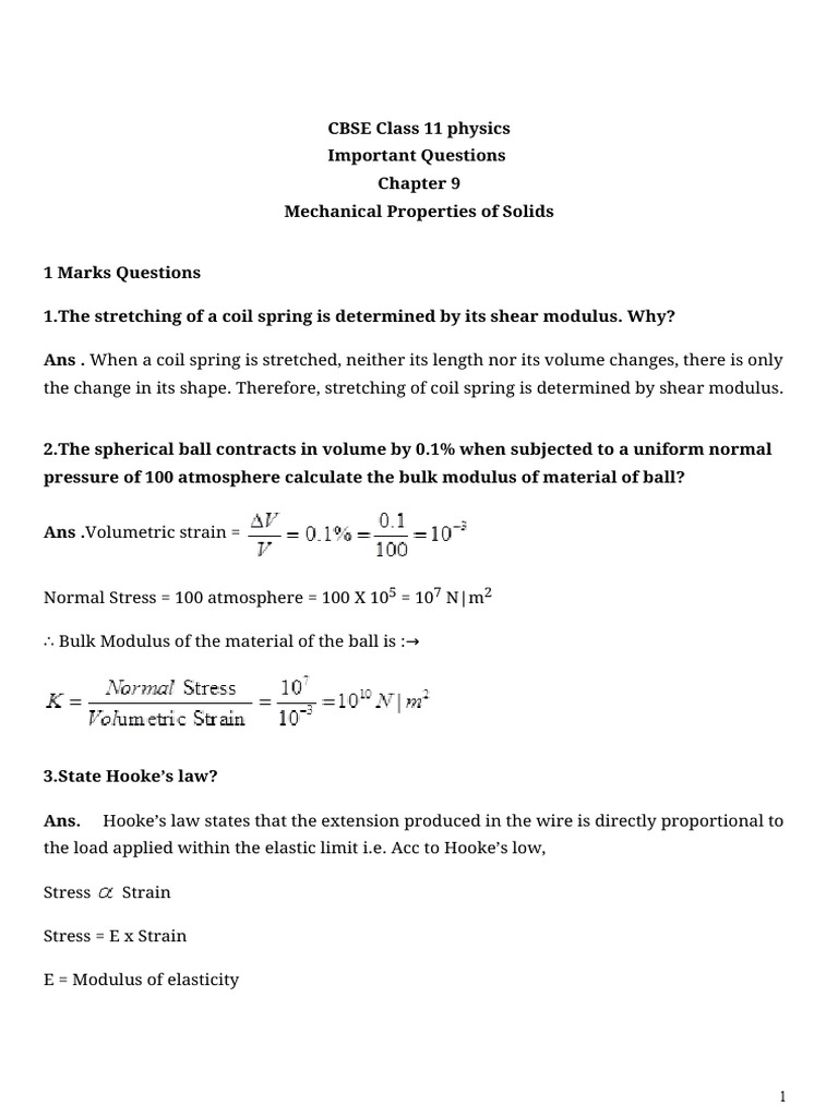 CBSE Class 11 physics chapter 9 mechanical properties important ...