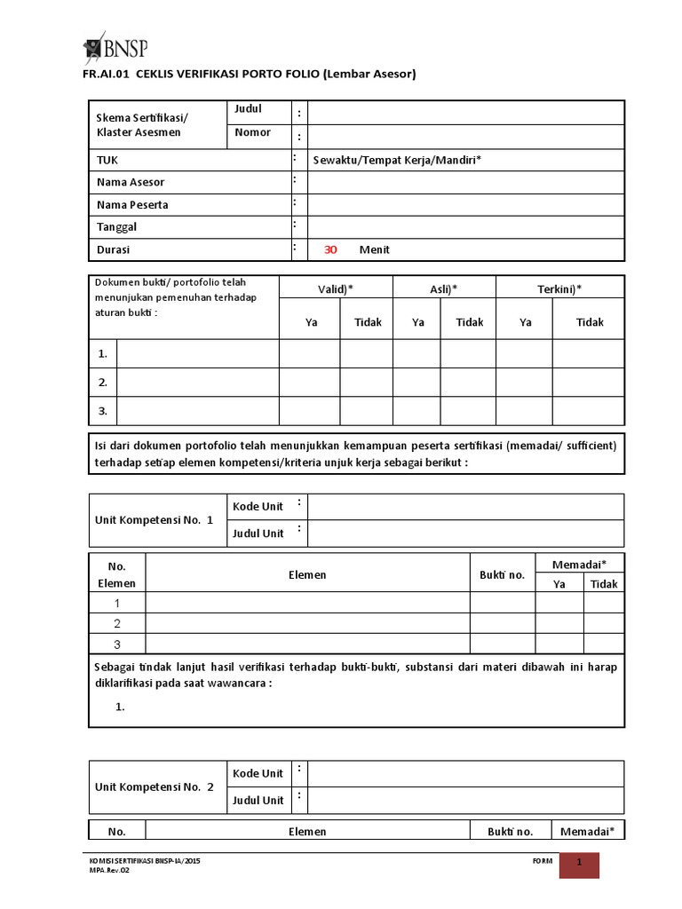 Ceklis Verifikasi Portofolio FR.AI.01 | PDF
