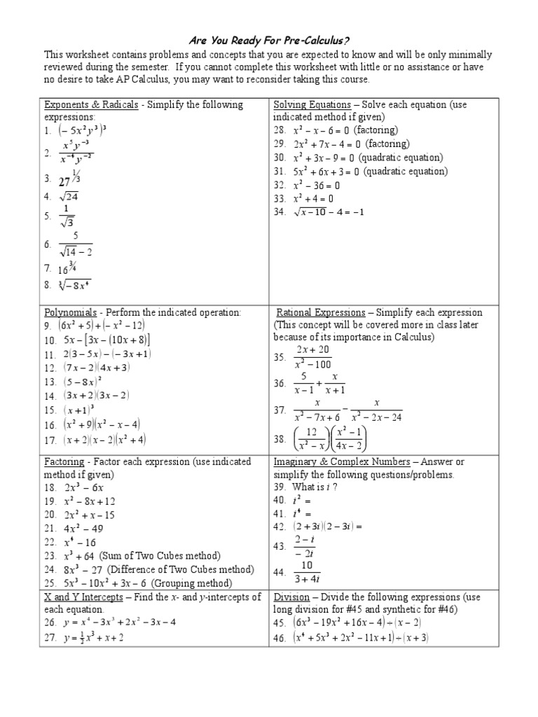 Pre-Calculus Readiness Worksheet | PDF | Precalculus | Factorization