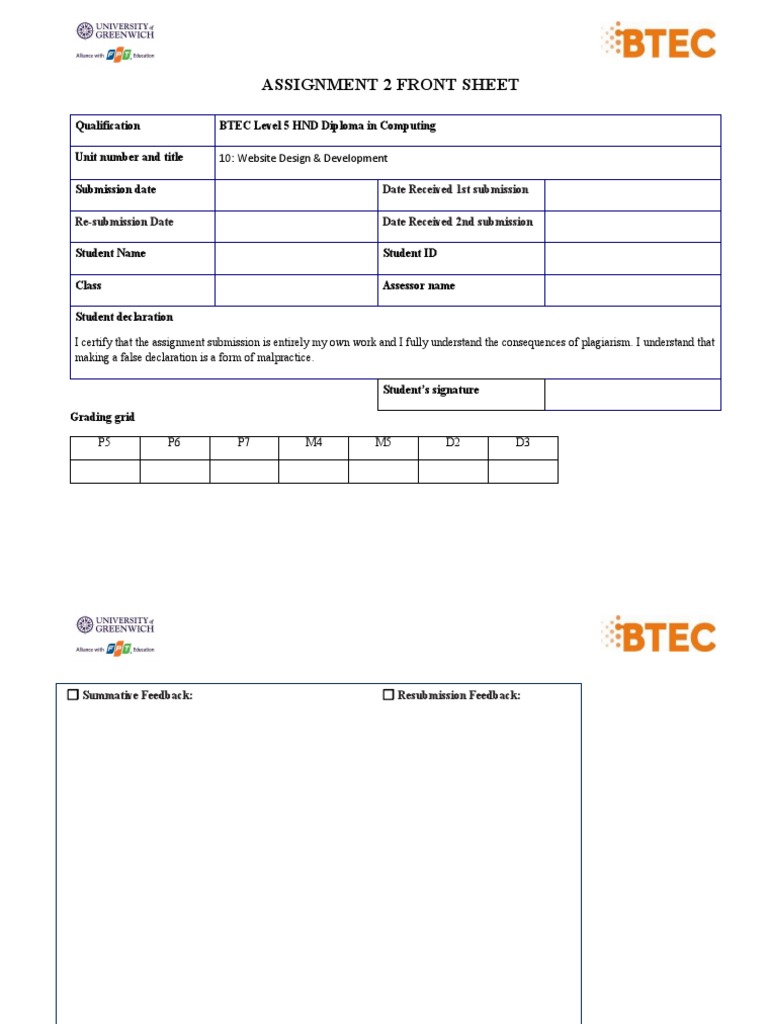 Unit 10. Assignment 2 Frontsheet (2018-2019) | PDF