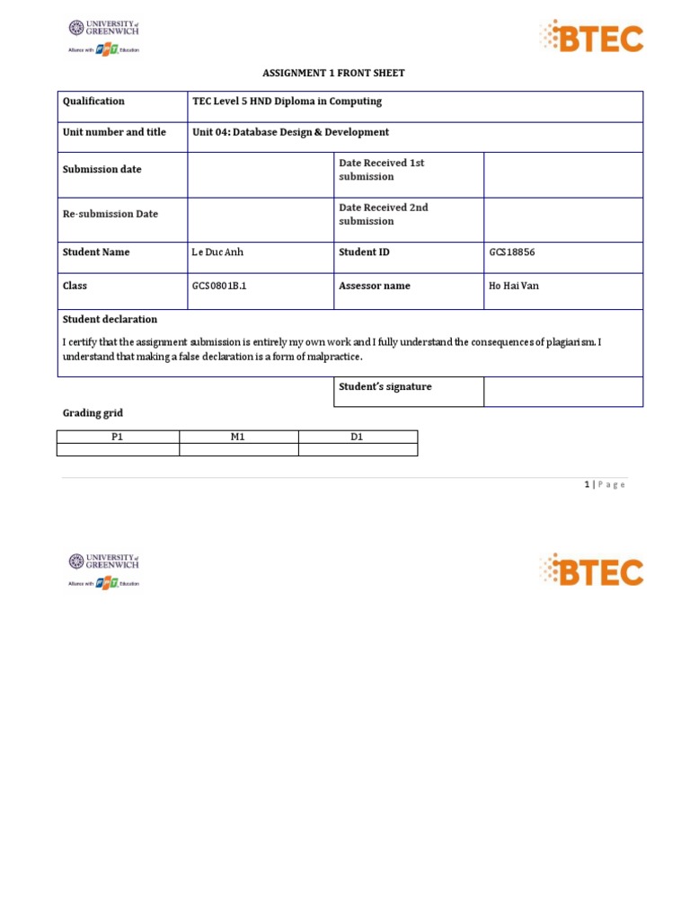 04-DDD.Assignment 1 frontsheet 2018-2019-đã chuyển đổi PDF | PDF | Relational Database ...