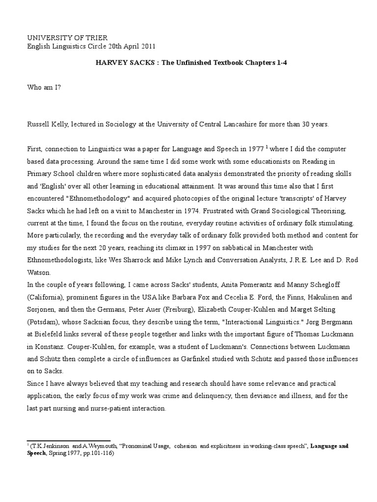 Harvey Sacks and The Unpublished 4 Chapt | PDF | Sociology | Cognition