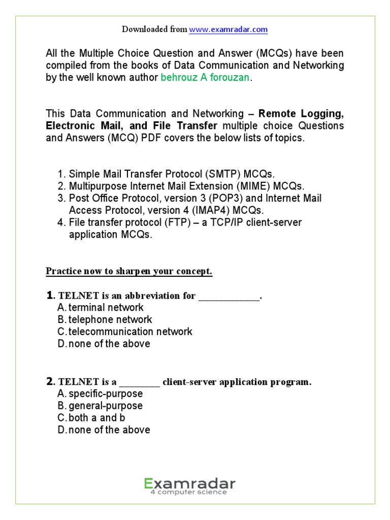 CH 26 Remote Logging Electronic Mail and File Transfer Multiple Choice Questions and Answers PDF ...